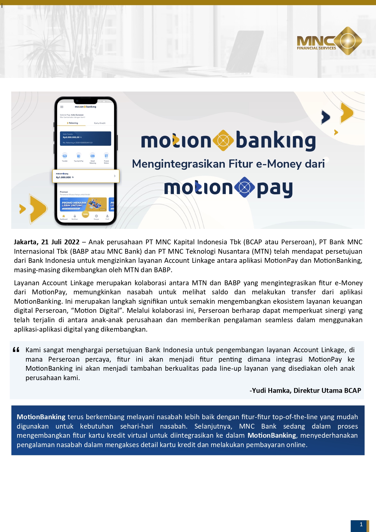 MotionBanking Mengintegrasikan Fitur e-Money dari MotionPay - MNC